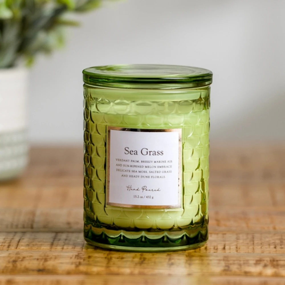 Kirklands Green Sea Grass Glass Jar Candle | Hamilton Place