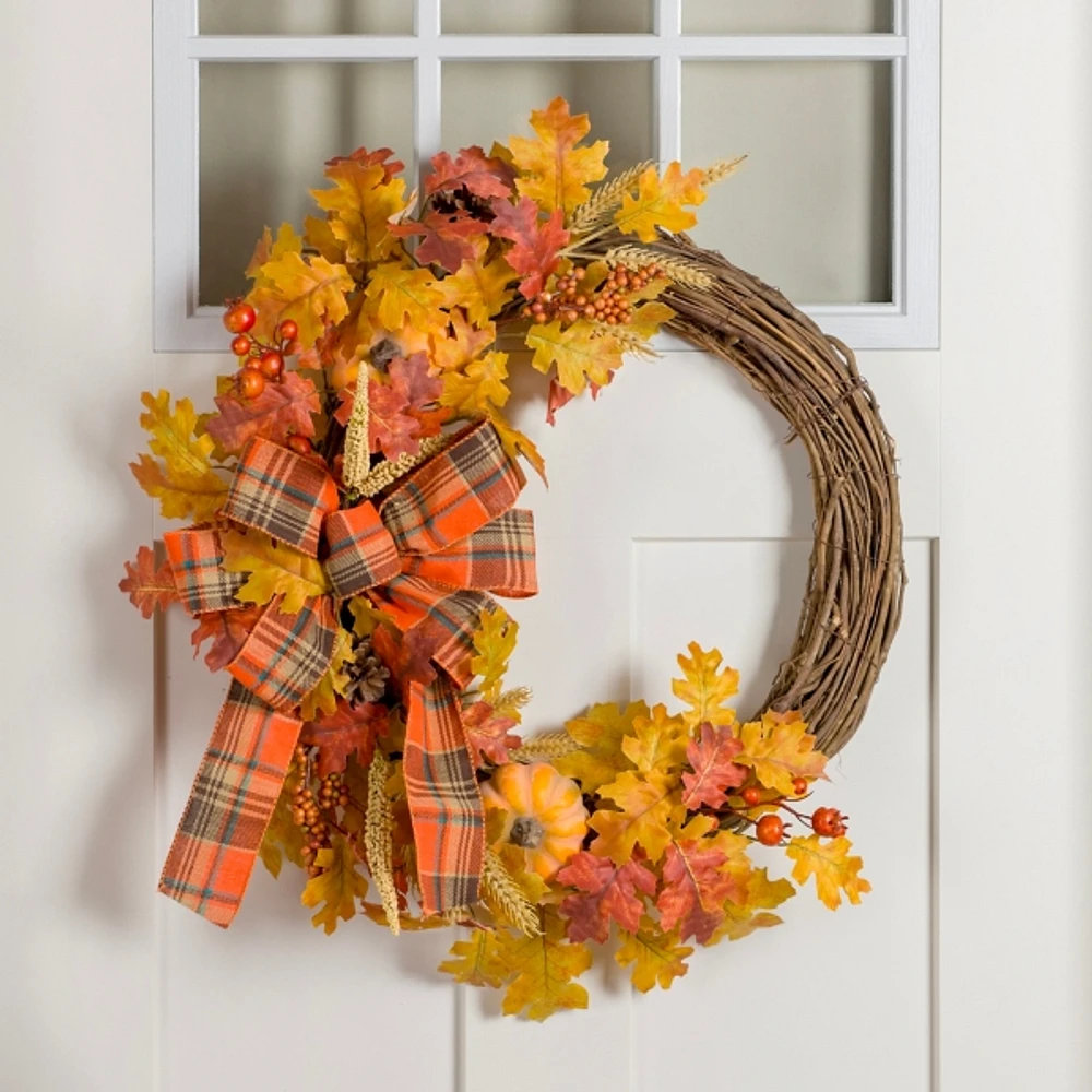 Kirklands Pumpkin and Plaid Ribbon Half Wreath | Hamilton Place