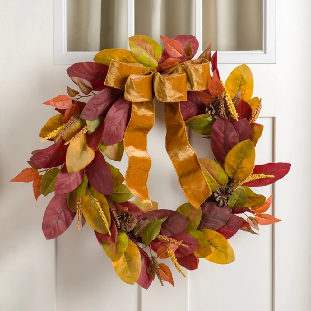 Kirklands Magnolia Leaves and Velvet Ribbon Harvest Wreath | Hamilton Place