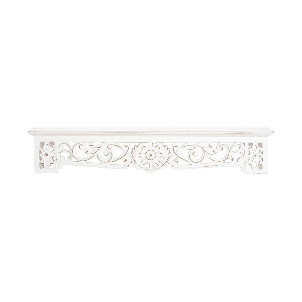Kirklands White Distressed Wood Carved Floral Shelf | Hamilton Place
