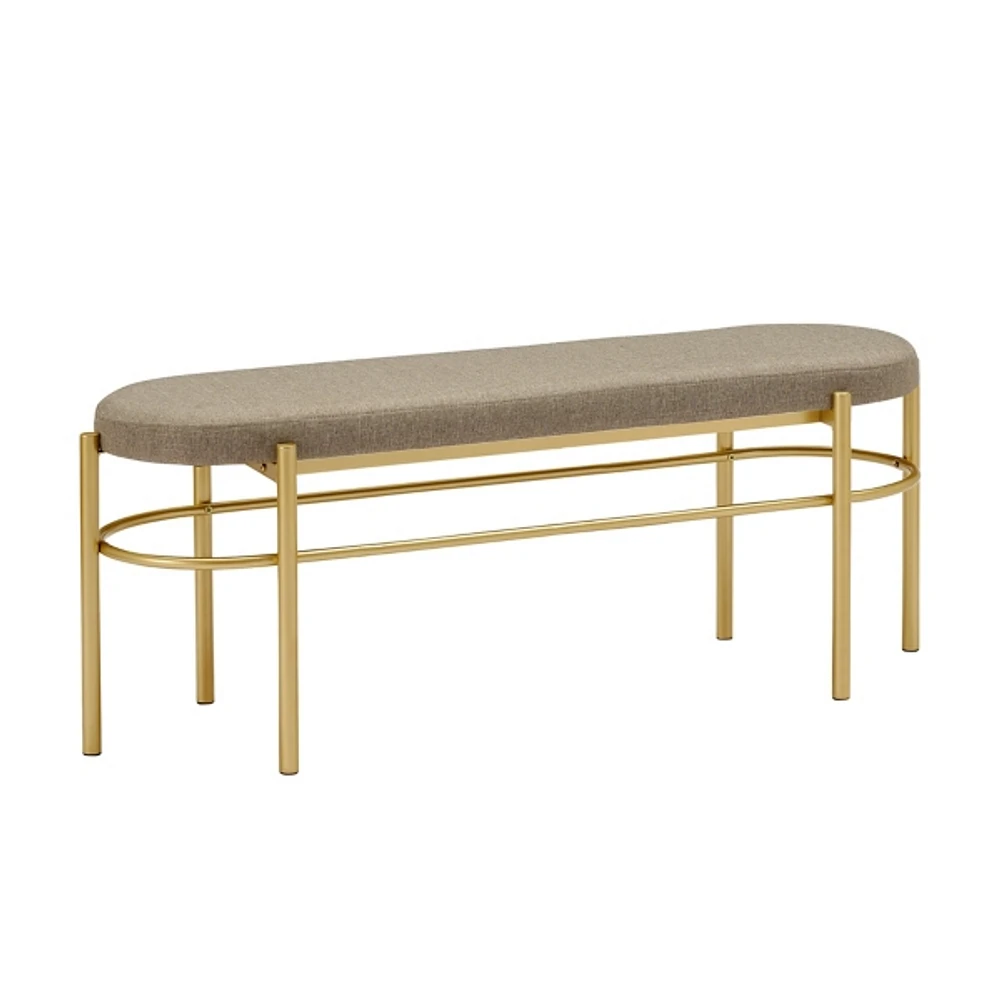 Kirklands Taupe Upholstered Gold Metal Leg Bench | Hamilton Place