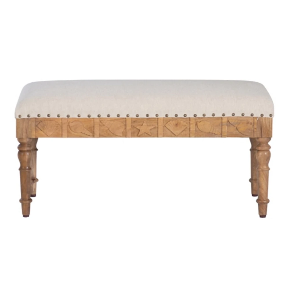 Kirklands Ivory Upholstered Seashell Wood Bench | Hamilton Place