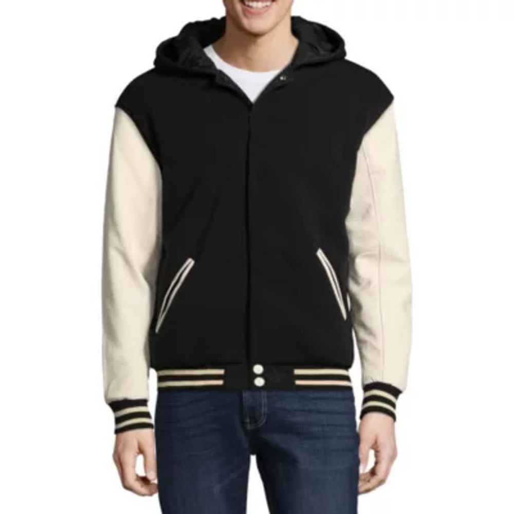 Vintage Leather Reversible Hooded Varsity Jacket with Faux Sleeve ...