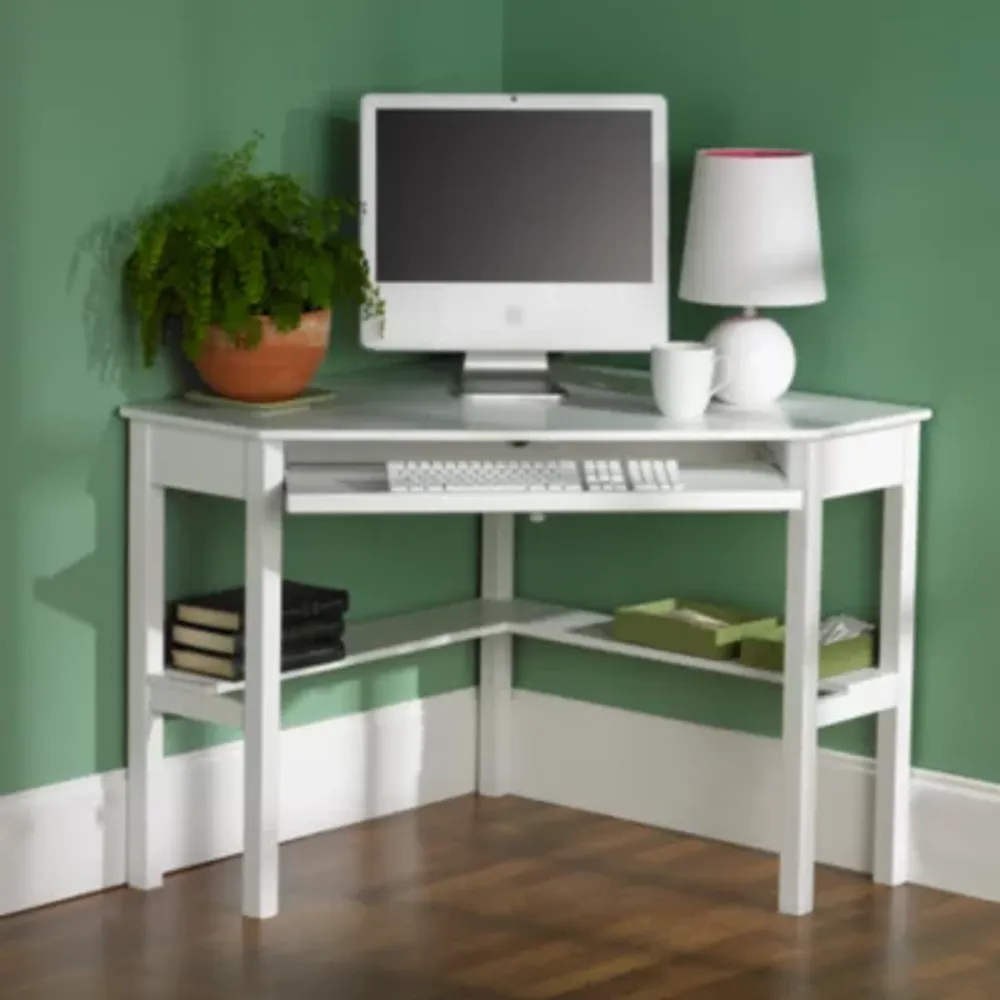 White corner computer desk with keyboard tray store
