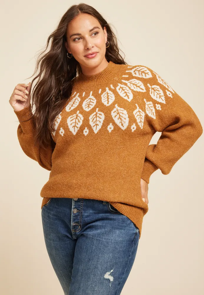 Maurices Plus Fair Isle Leaf Mock Neck Sweater | Green Tree Mall