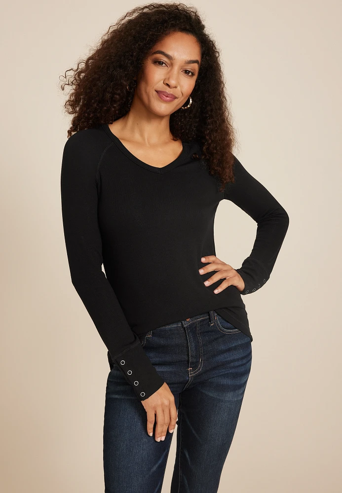 Maurices Cozy Ribbed Snap Cuff V Neck Long Sleeve Tee | Hamilton Place