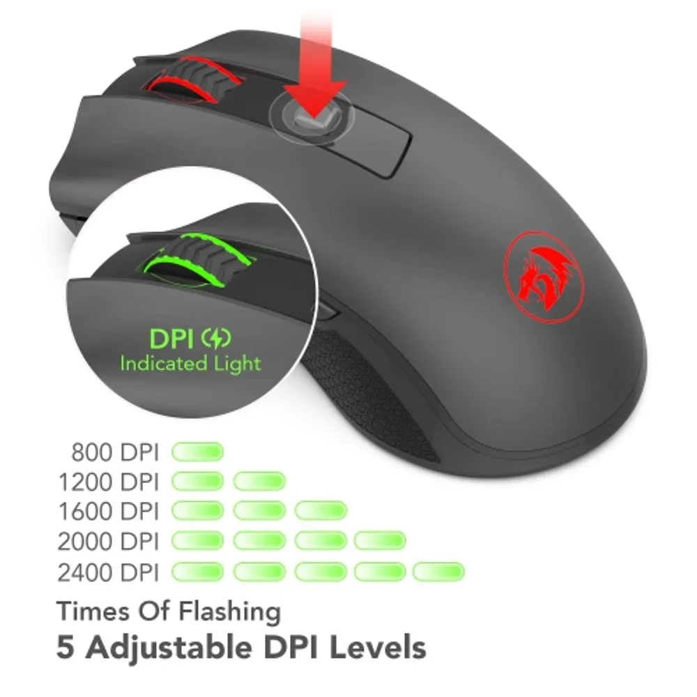 HLD Redragon M652 Optical 2.4G Wireless Mouse with USB Receiver, 2400 ...