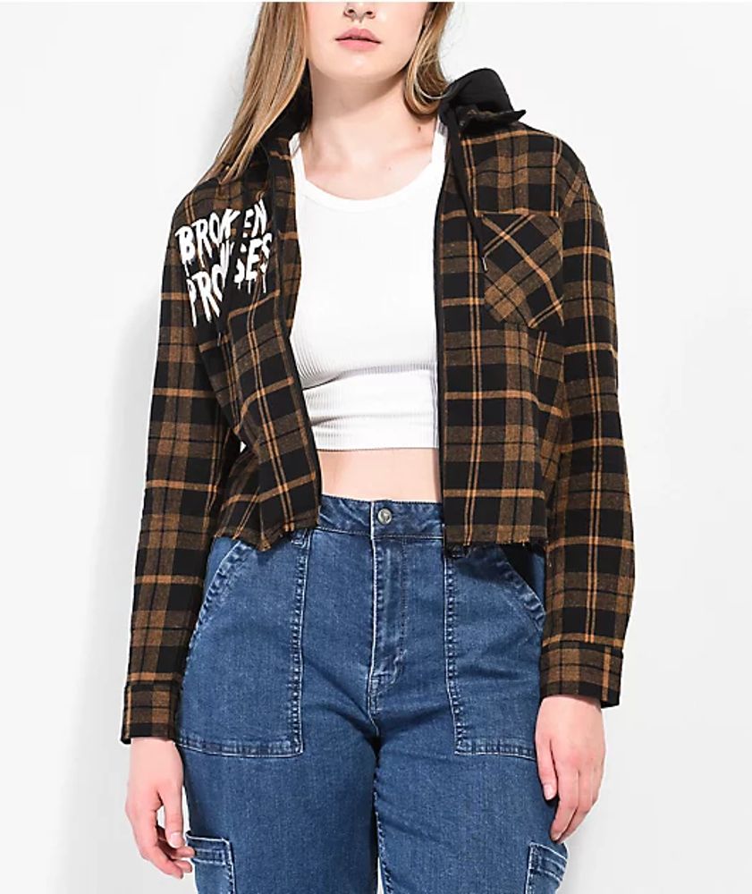 Broken Promises Love Is Lethal Brown Hooded Flannel Jacket | Mall of ...