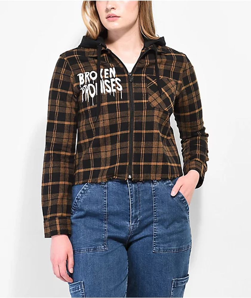 Broken Promises Love Is Lethal Brown Hooded Flannel Jacket | Mall of ...