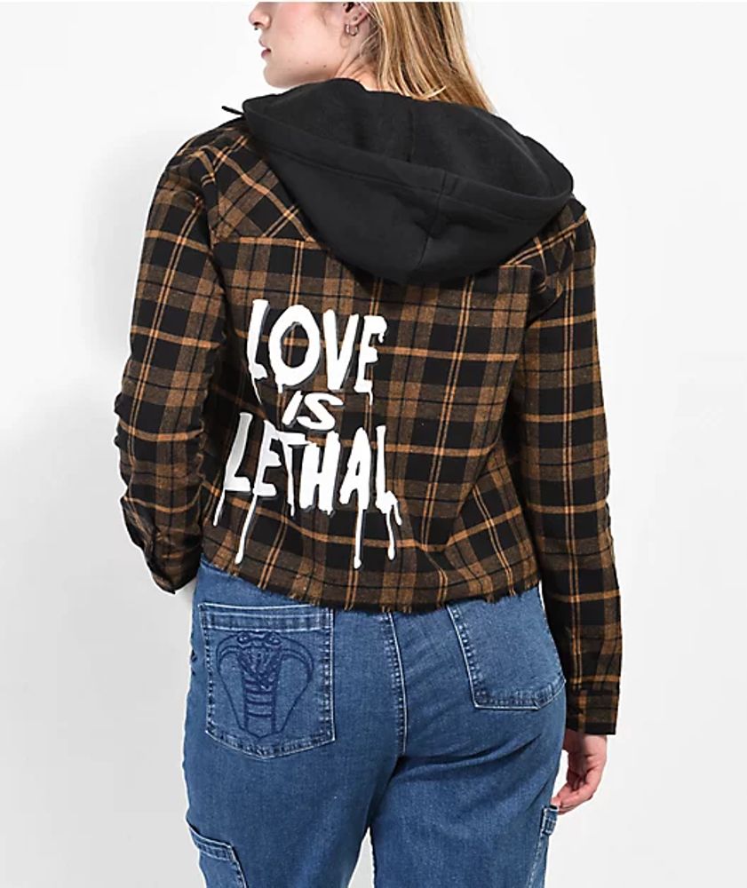 Broken Promises Love Is Lethal Brown Hooded Flannel Jacket | Mall of ...