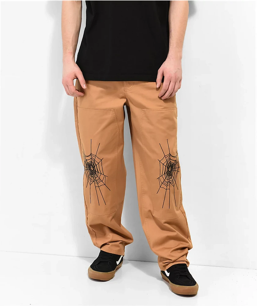 Broken Promises Cobweb Embroidered Brown Skate Pants | Plaza Las Americas