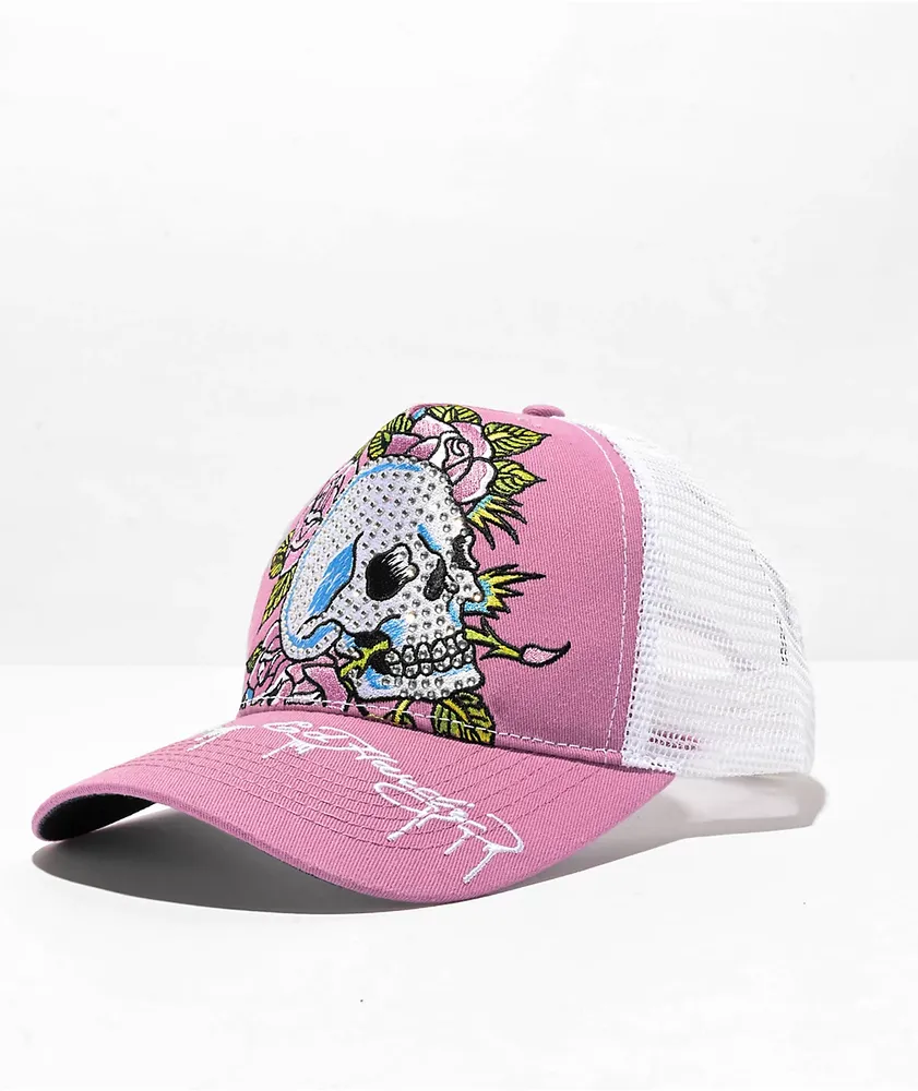 Ed Hardy Rhinestone Skull Purple & White Trucker Hat | Hamilton Place