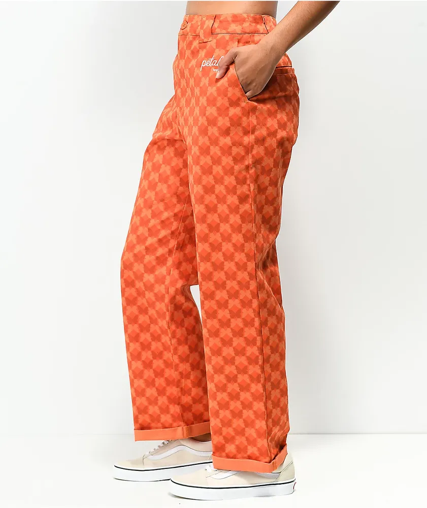 Petals and Peacocks Butterfly Checkered Orange Work Pants | Mall of ...
