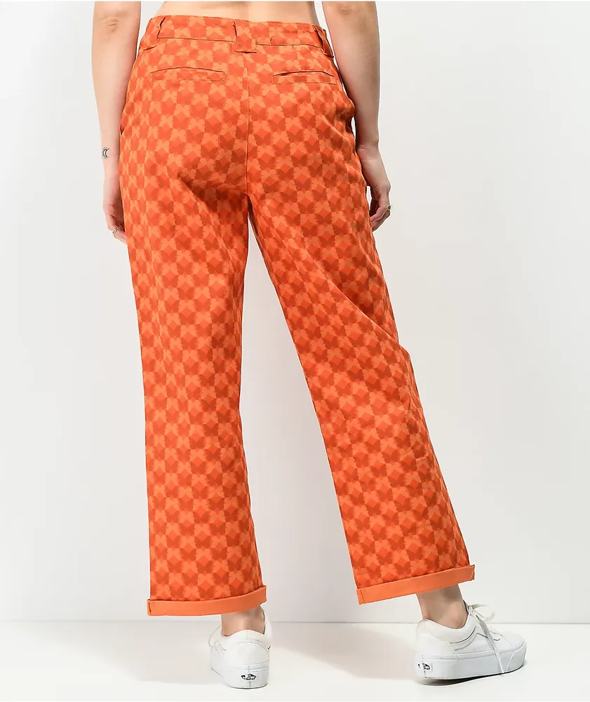 Petals and Peacocks Butterfly Checkered Orange Work Pants | Mall of ...