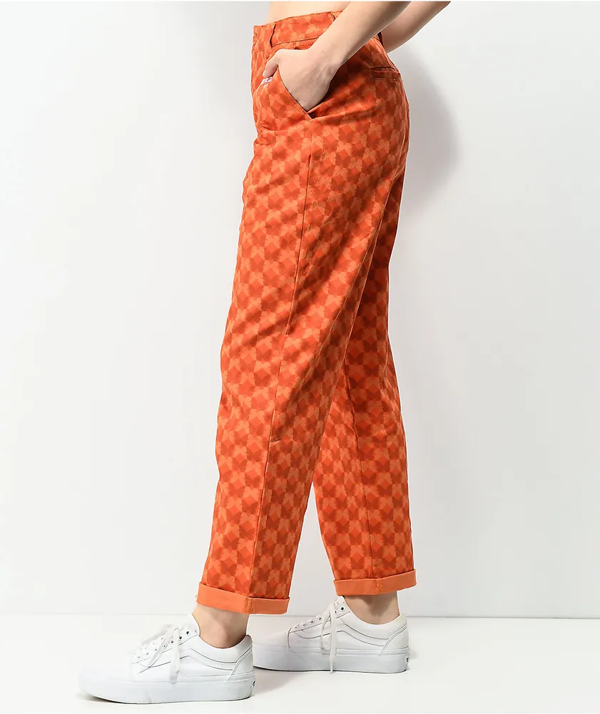 Petals and Peacocks Butterfly Checkered Orange Work Pants | Mall of ...
