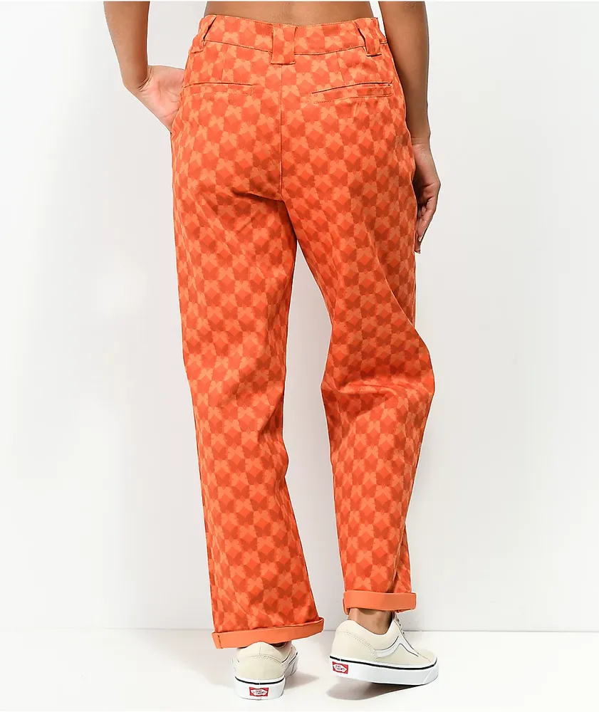 Petals and Peacocks Butterfly Checkered Orange Work Pants | Mall of ...