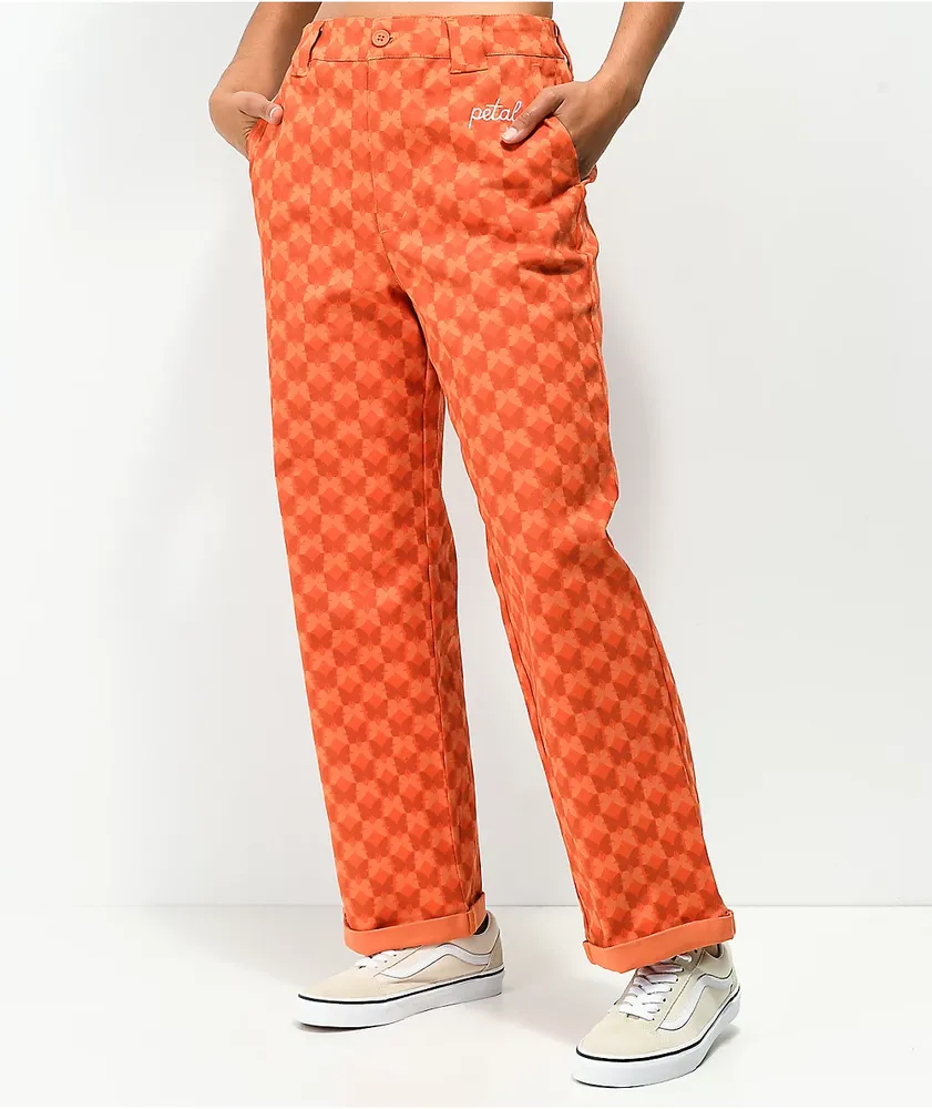 Petals and Peacocks Butterfly Checkered Orange Work Pants | Mall of ...