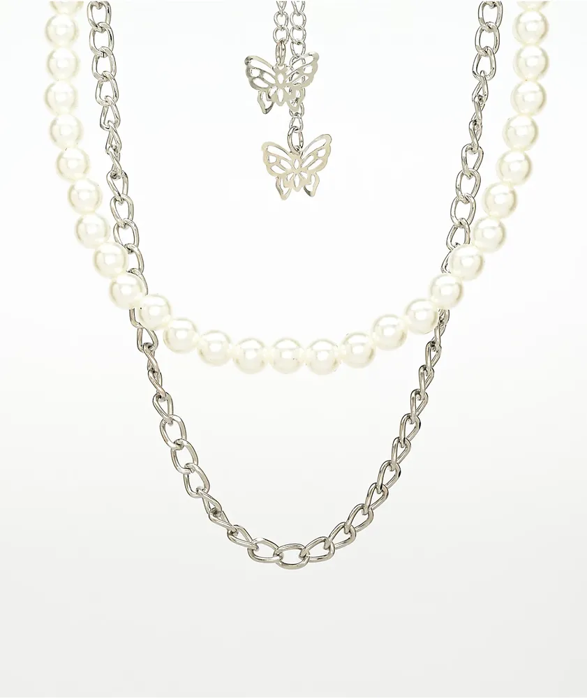 Petals and Peacocks Pearl & Butterfly 10" Silver Chain & Pearl Necklace ...
