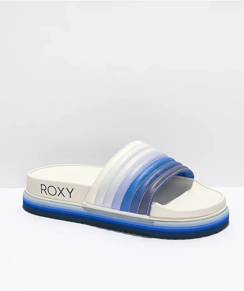 Roxy Slippy Jess Blue & White Slide Sandals | Hamilton Place