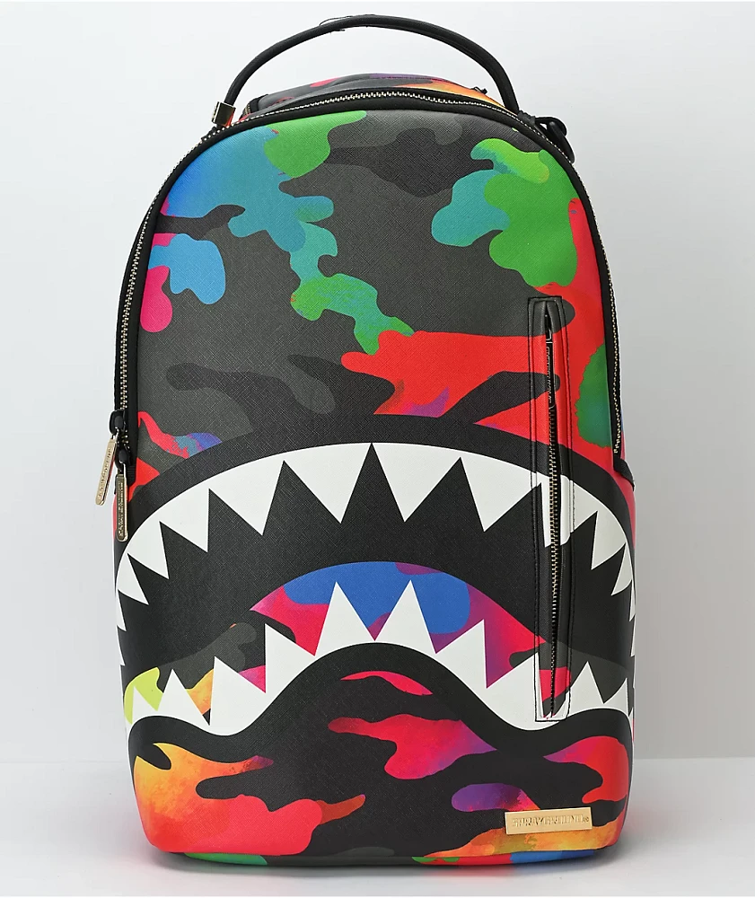 Sprayground Camoburst Deluxe Red, Orange & Green Leather Backpack ...