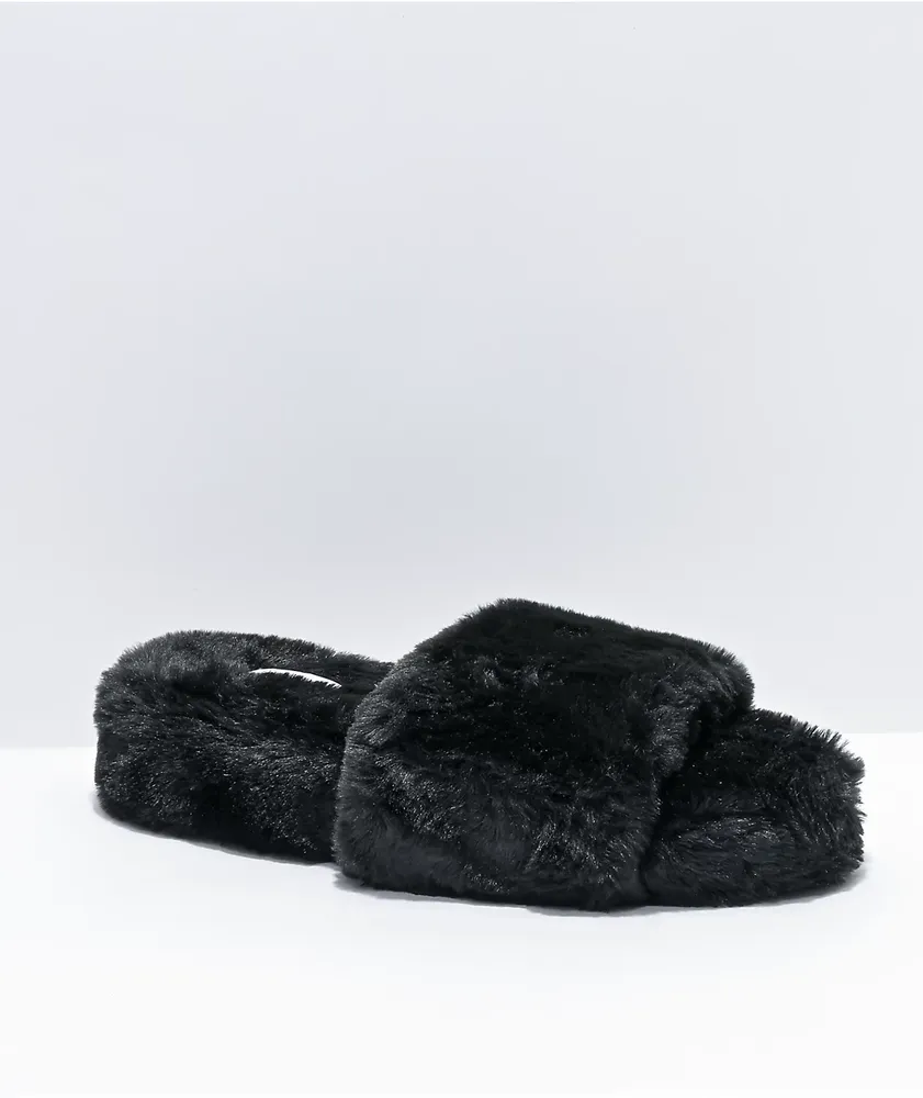 Trillium Black Furry Slide Sandals | Hamilton Place