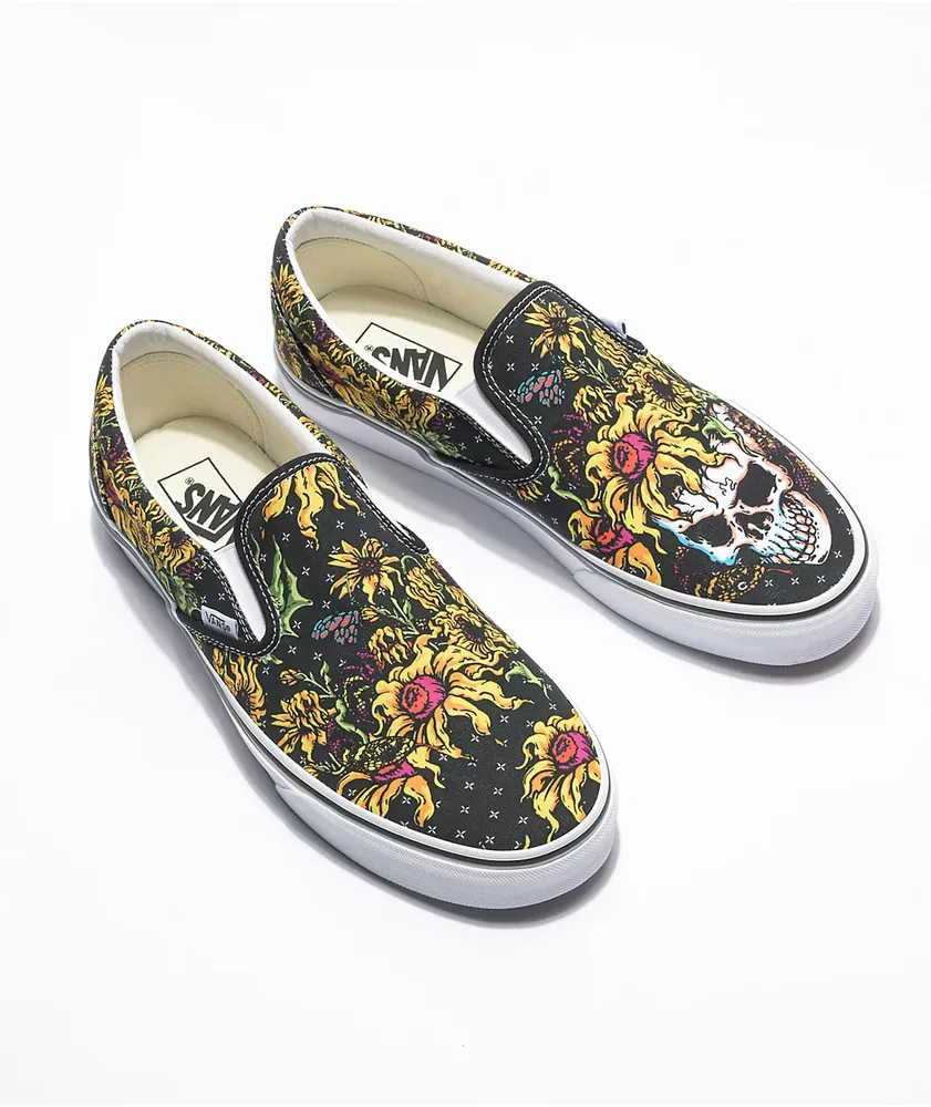 Vans Slip-On Beauty Skull Black & White Skate Shoes | Hamilton Place