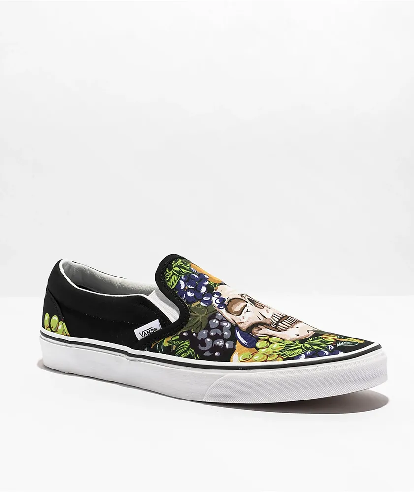 Vans Slip-On Fruit Skull Black & White Skate Shoes | Hamilton Place