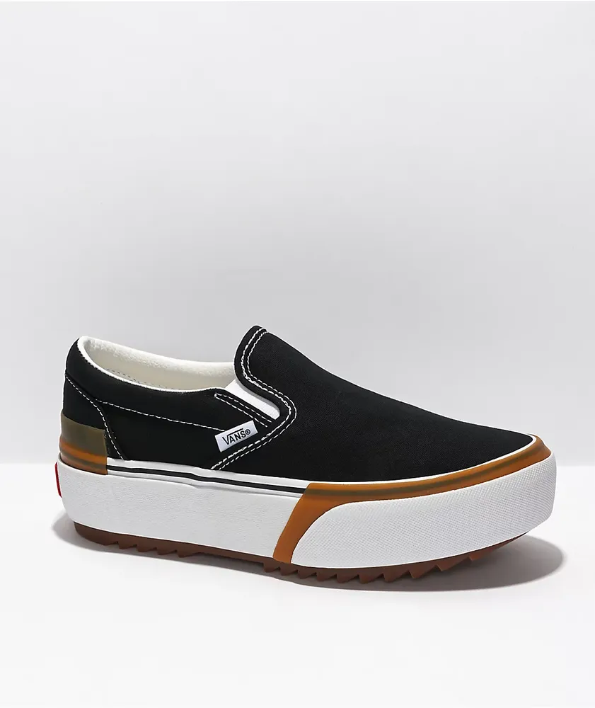Vans Slip-On Stacked Black, White, & Gum Platform Shoes | Hamilton Place