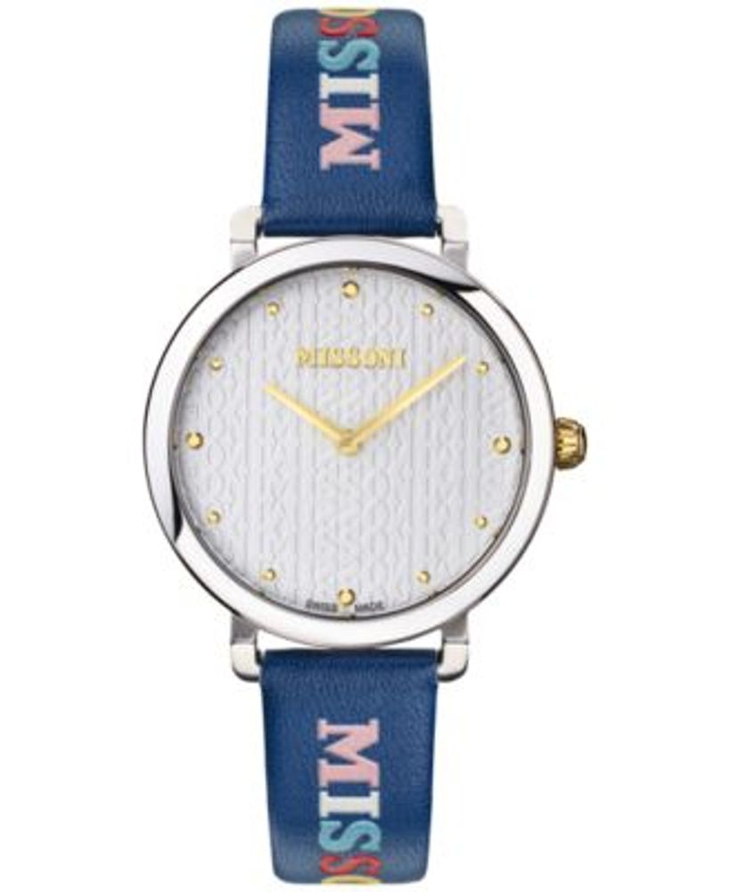 Missoni Women's Swiss Lettering Blue Leather Strap Watch 38mm | Mall of ...