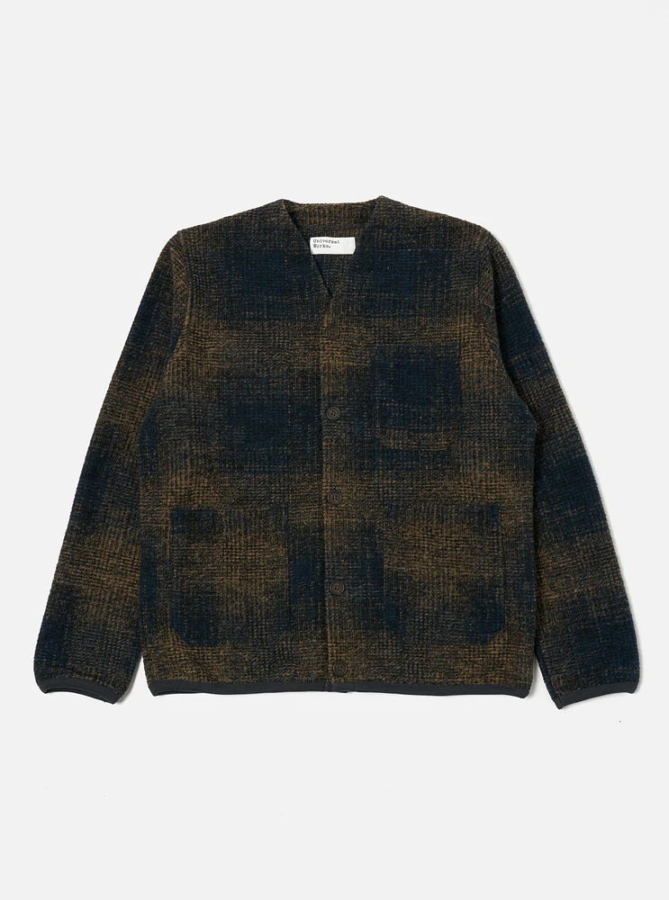 Universal Works Cardigan Navy/Sand Agu Check Fleece | King's Cross