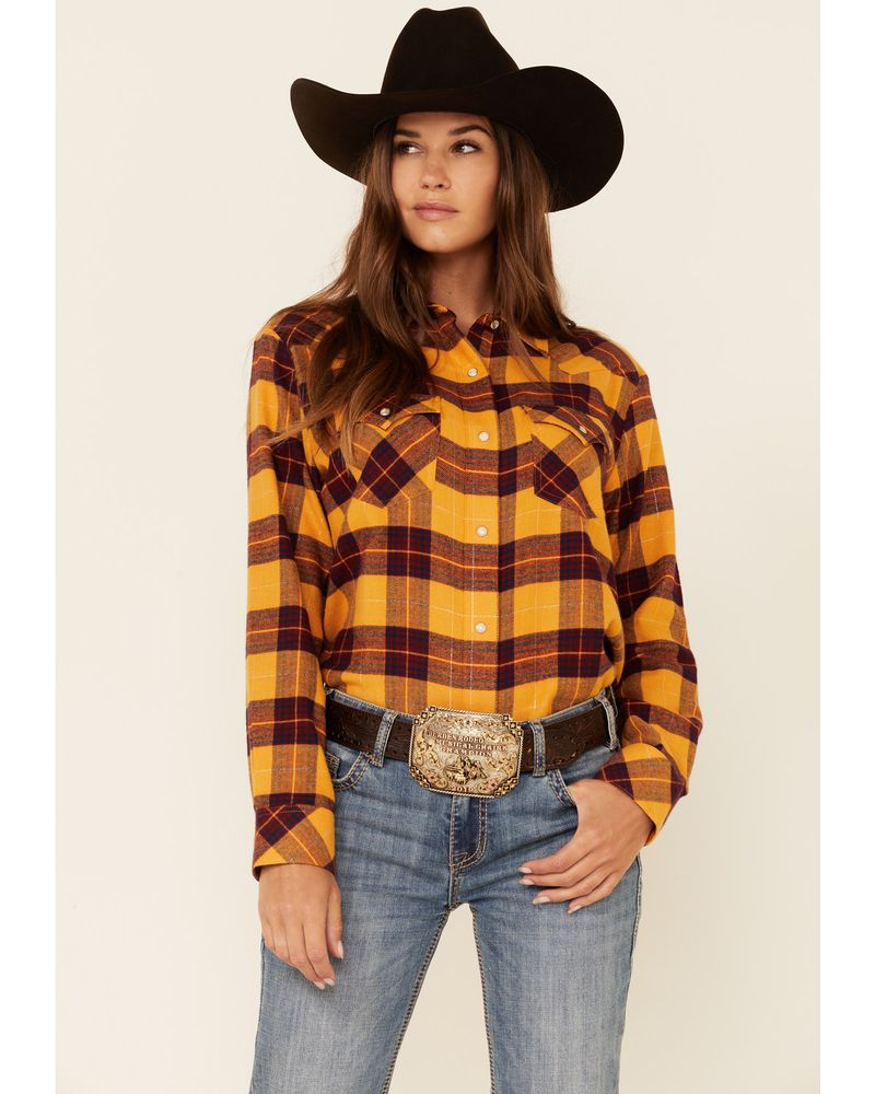 Wrangler Women's Mustard & Burgundy Plaid Long Sleeve Snap Western ...