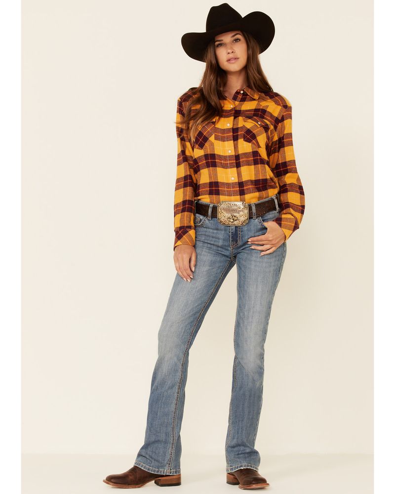 Wrangler Women's Mustard & Burgundy Plaid Long Sleeve Snap Western ...