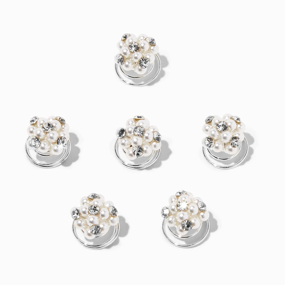 Claire's Silver Pearl & Rhinestone Cluster Hair Spinners - 6 Pack ...