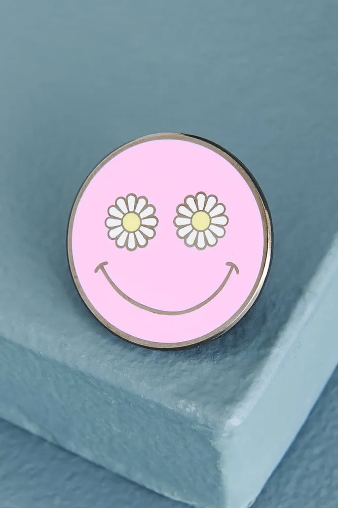 Earthbound Trading Pink Daisy Smiley Face Enamel Pin | Hamilton Place