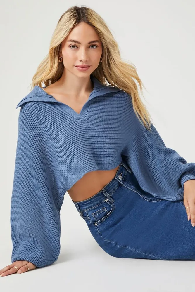 Forever 21 Women's Split-Neck Sweater Crop Top in Stone Blue, XL ...