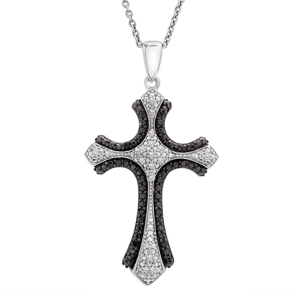 Helzberg Black & White Diamond Cross Pendant in Sterling Silver (1/10 ...