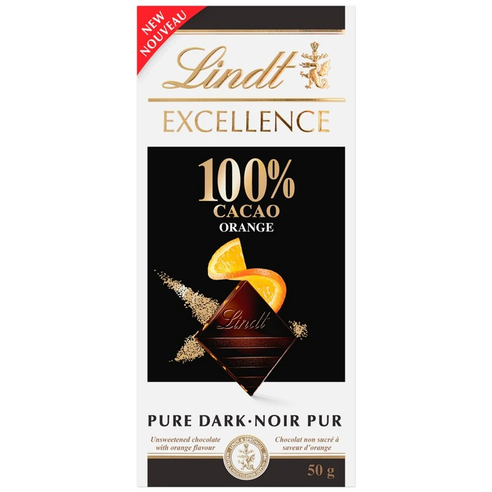Lindt Excellence 100% Cacao Pure Dark Chocolate Bar - Orange - 50g | Coquitlam Centre