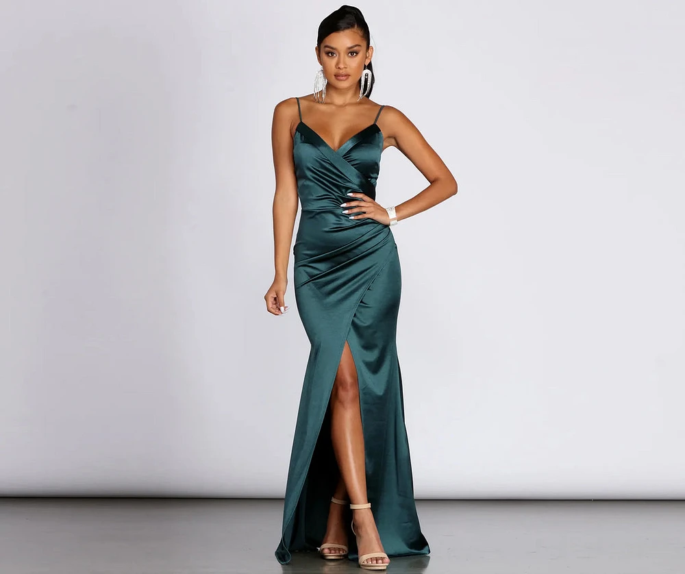 Windsor Karen Satin Wrap Formal Gown | Liberty Center