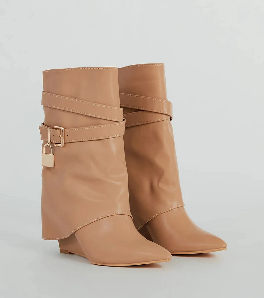 Windsor Lock And Key Foldover Wedge Faux Leather Boots | Hamilton Place